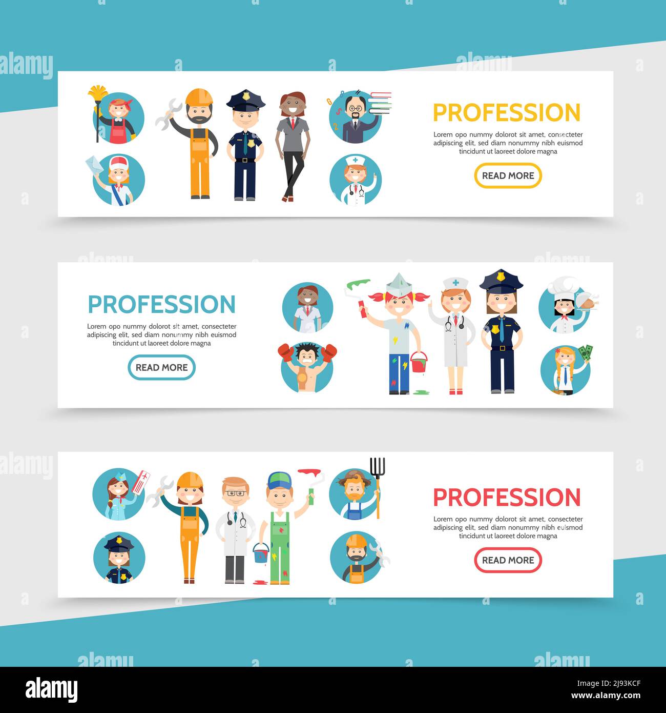 Flat professions horizontal banners with janitor postman builder police ...