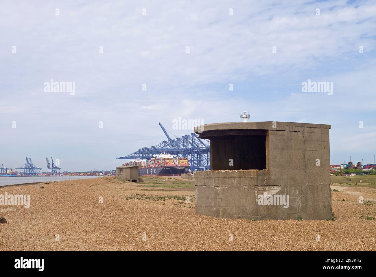 Container ship MSC Hamburg docked at the Port of Felixstowe with part ...