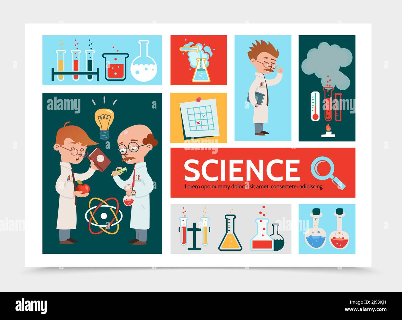 Flat scientific research infographic concept with scientists tubes ...