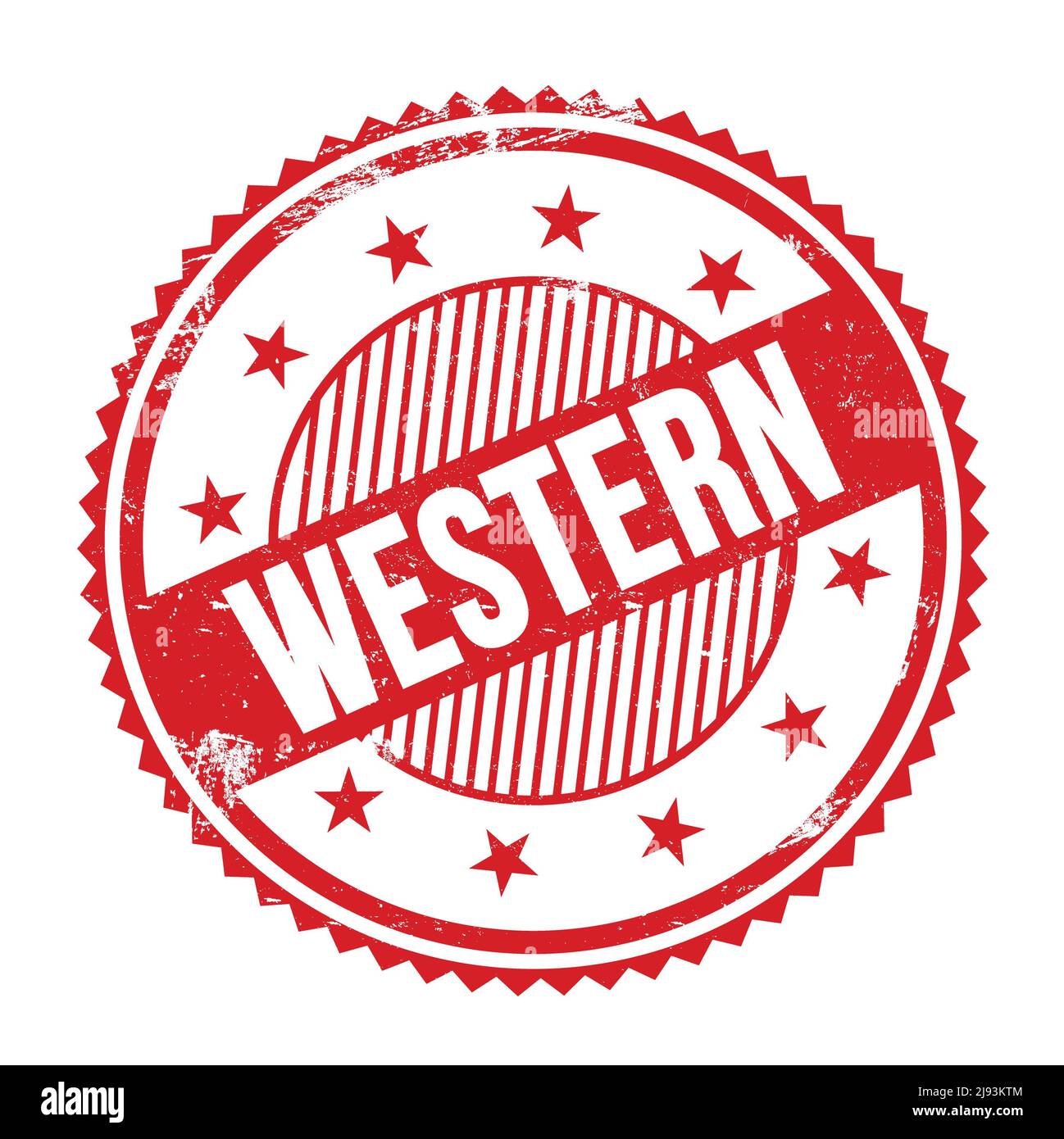 WESTERN text written on red grungy zig zag borders round stamp Stock ...