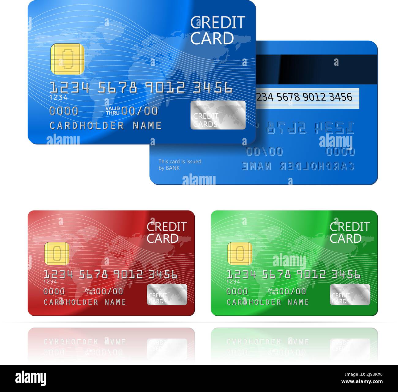 Realistic vector Credit Card two sides, blue, green, red. EPS10 opacity ...
