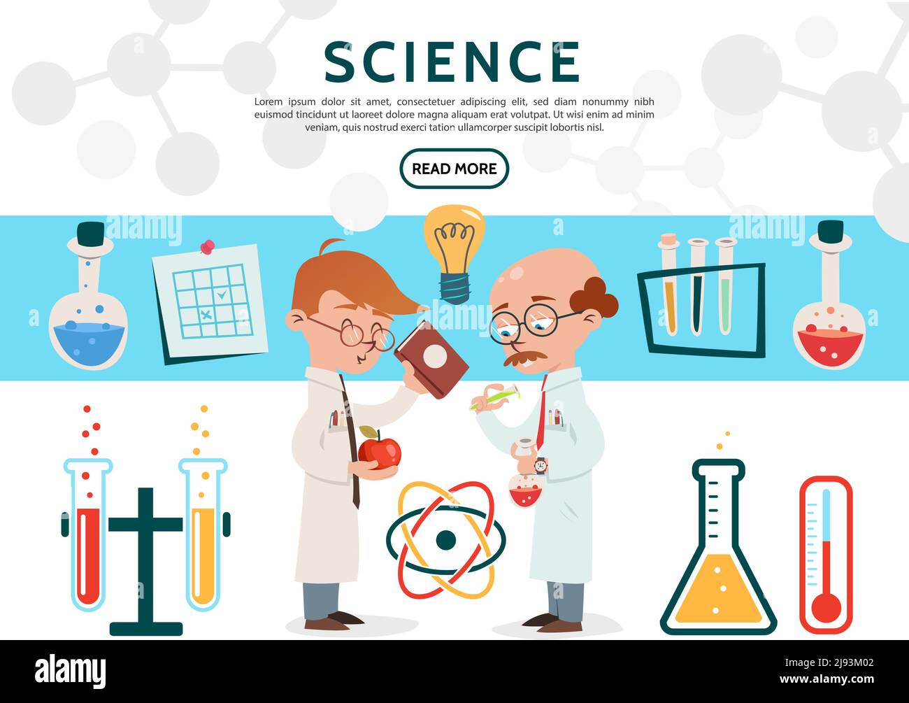 Flat science icons set with scientists in laboratory tubes bottles bulb ...