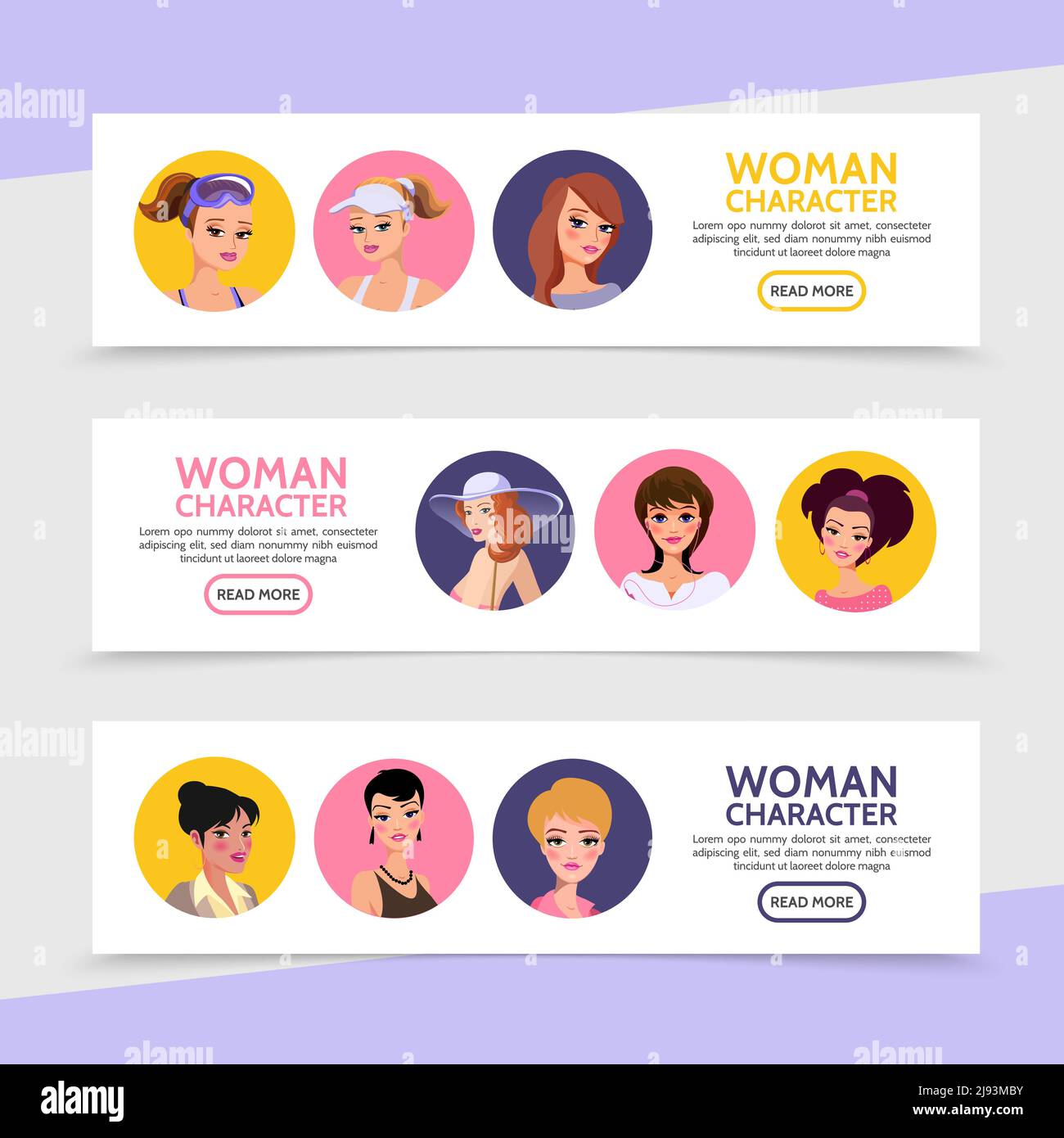 Flat woman characters avatars horizontal banners with ladies and girls ...