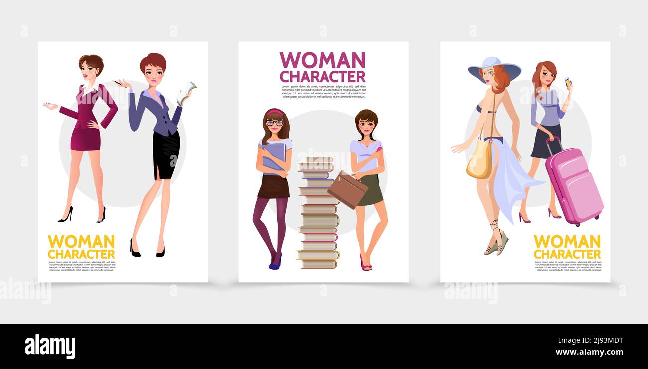 Flat woman characters posters with businesswoman secretary young ...