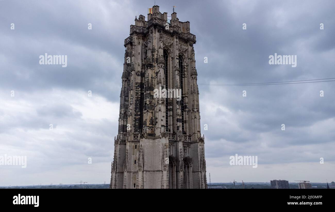 MECHELEN, Malines, Antwerp, BELGIUM, May 16, 2022, Detail of the tower ...