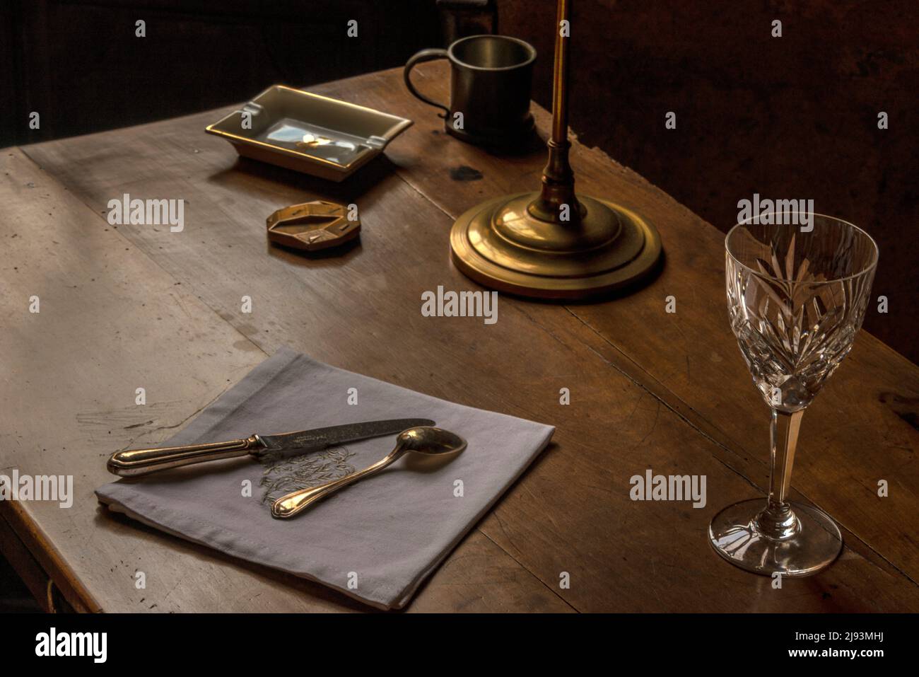 Period still life table setting illuminated by window lighting Stock ...