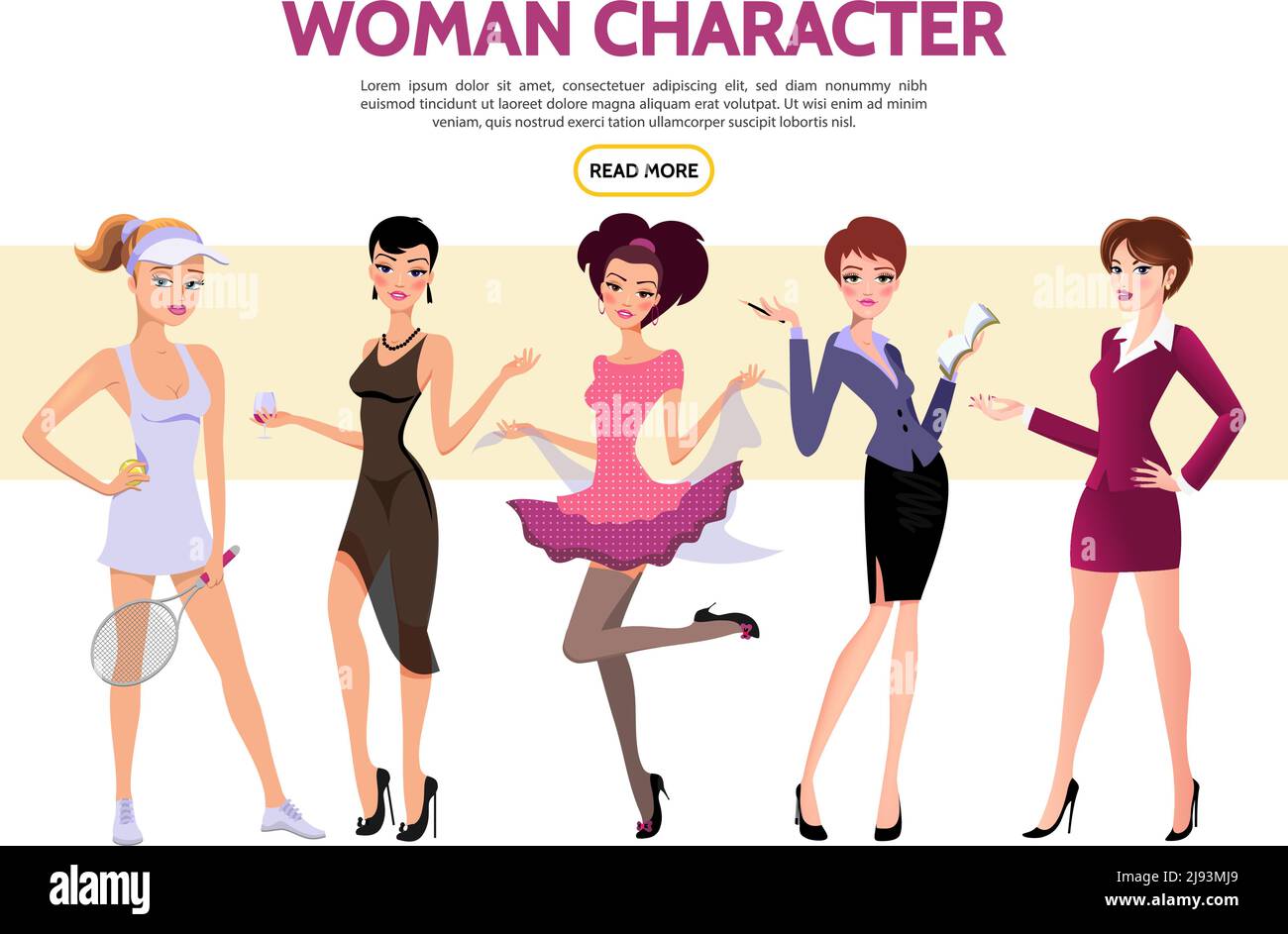 Flat Woman Characters Set With Sportswoman Secretary Businesswoman