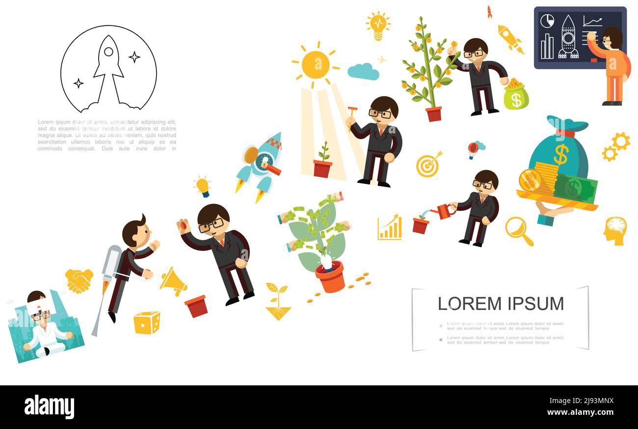 Flat start up template with businessmen growing money tree flying with ...