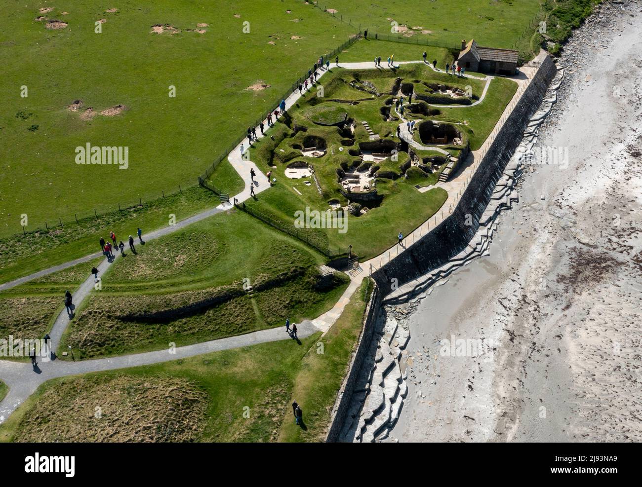 Aerial view of Skara Brae Neolithic settlement, Bay of Skaill, Orkney ...