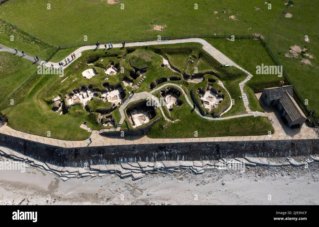 Aerial view of Skara Brae Neolithic settlement, Bay of Skaill, Orkney ...