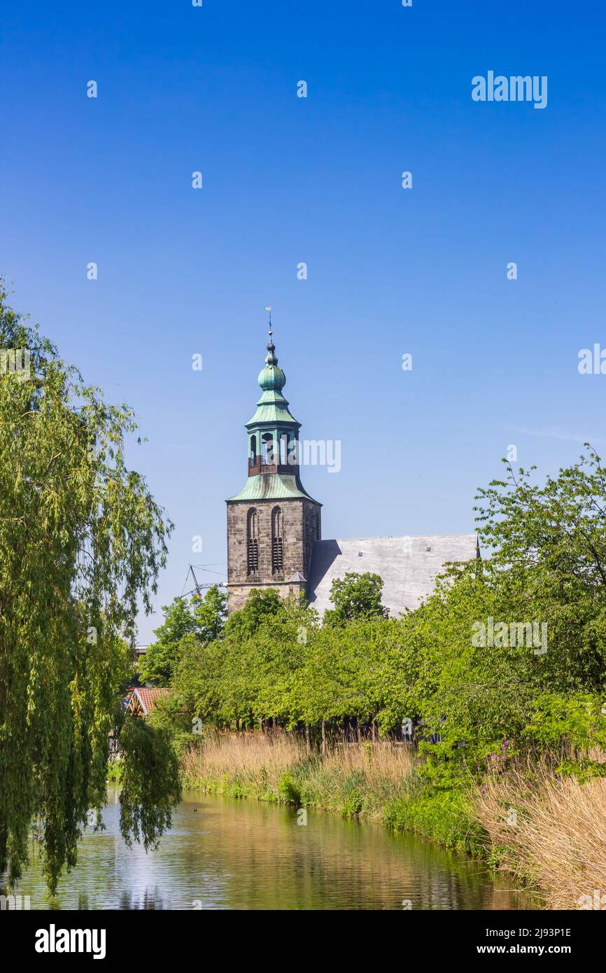 Historic church tower at the Vechte river in Nordhorn, Germany Stock ...