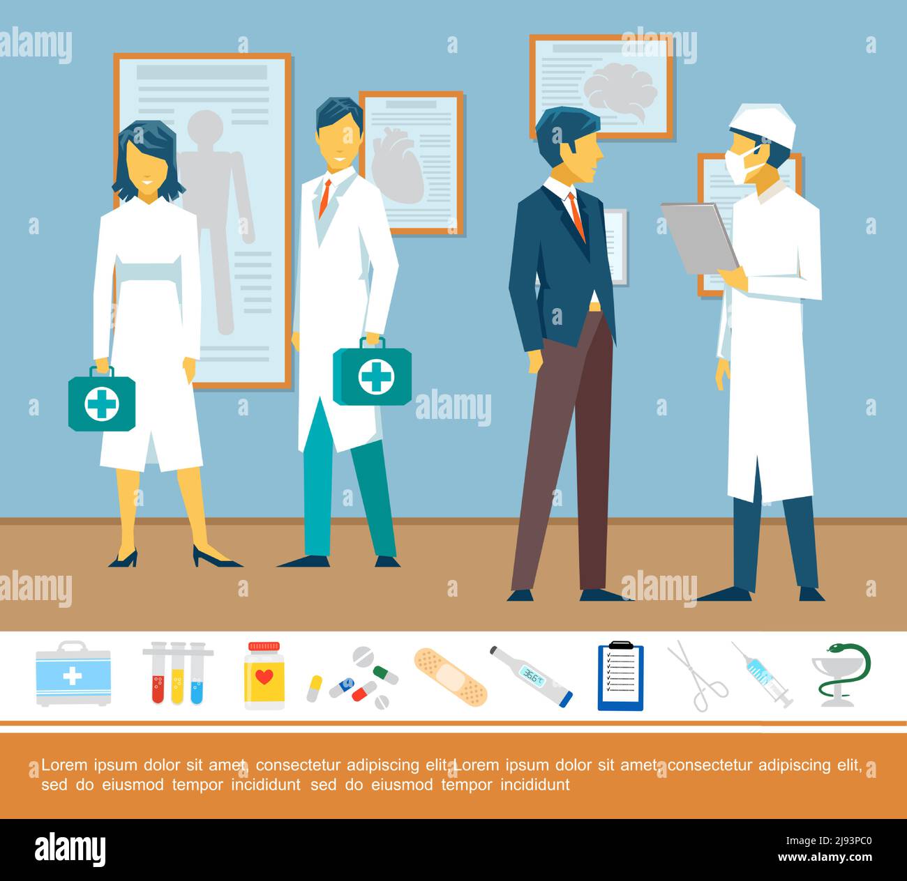 Flat healthcare colorful template with doctors nurse patient standing ...