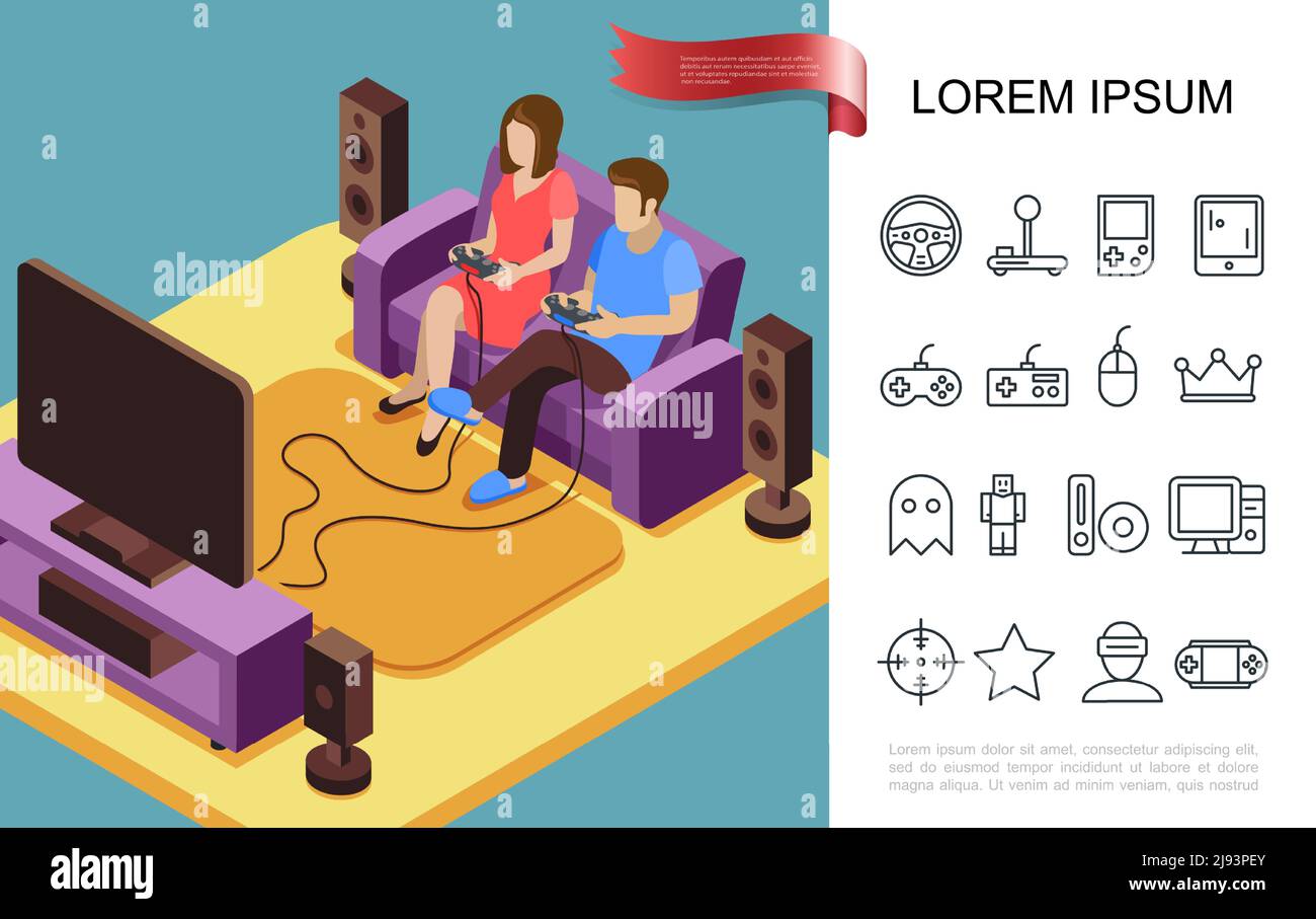 Flat gaming concept with people playing video game on tv and videogame ...
