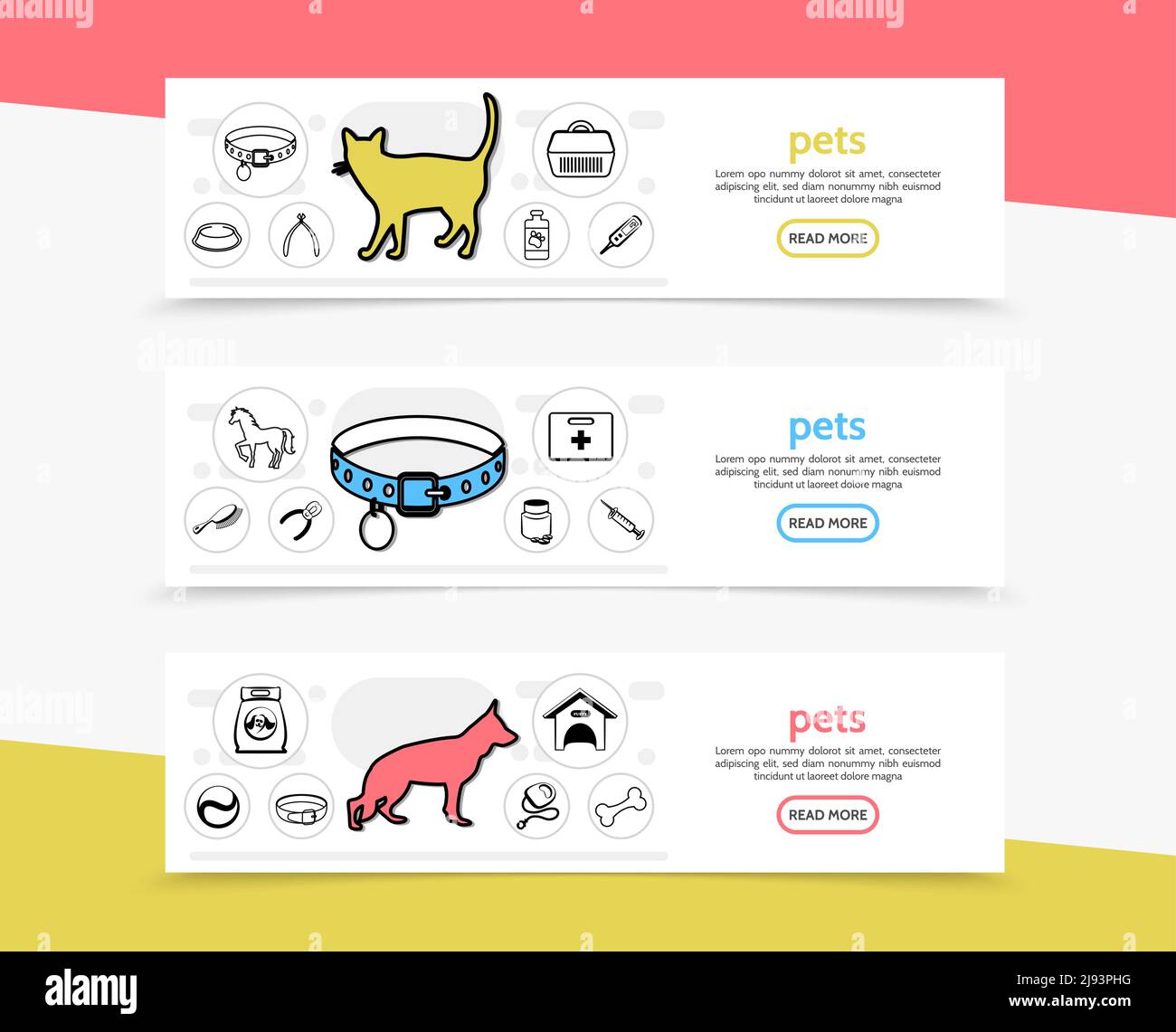 Pets horizontal banners with cat dog horse carriers feed care tools and ...