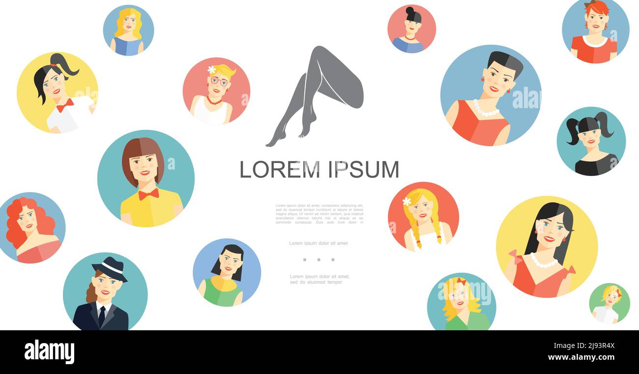 Flat women round avatars template with beautiful girls with different ...