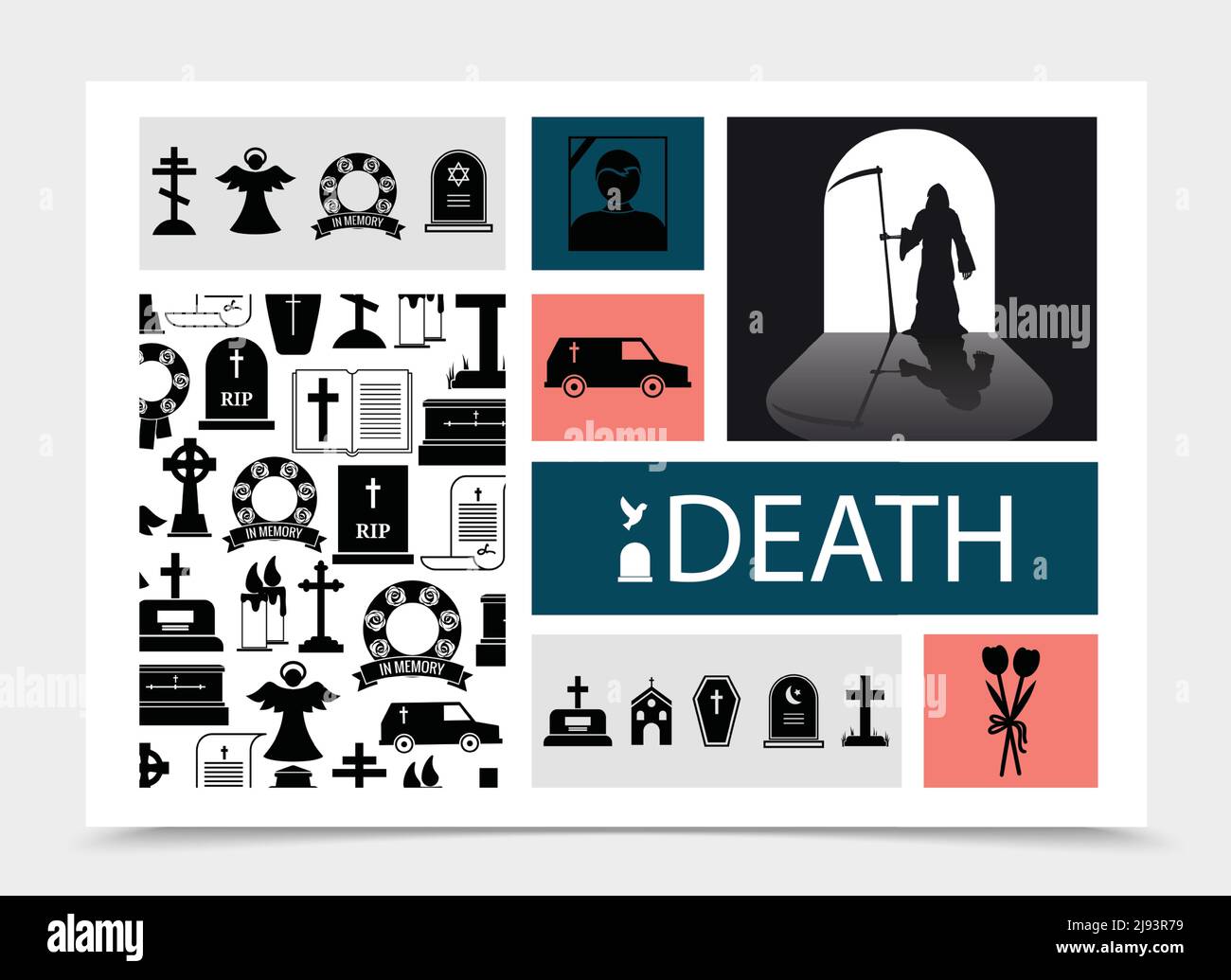 Flat death black elements composition with flowers chapel cemetery ...