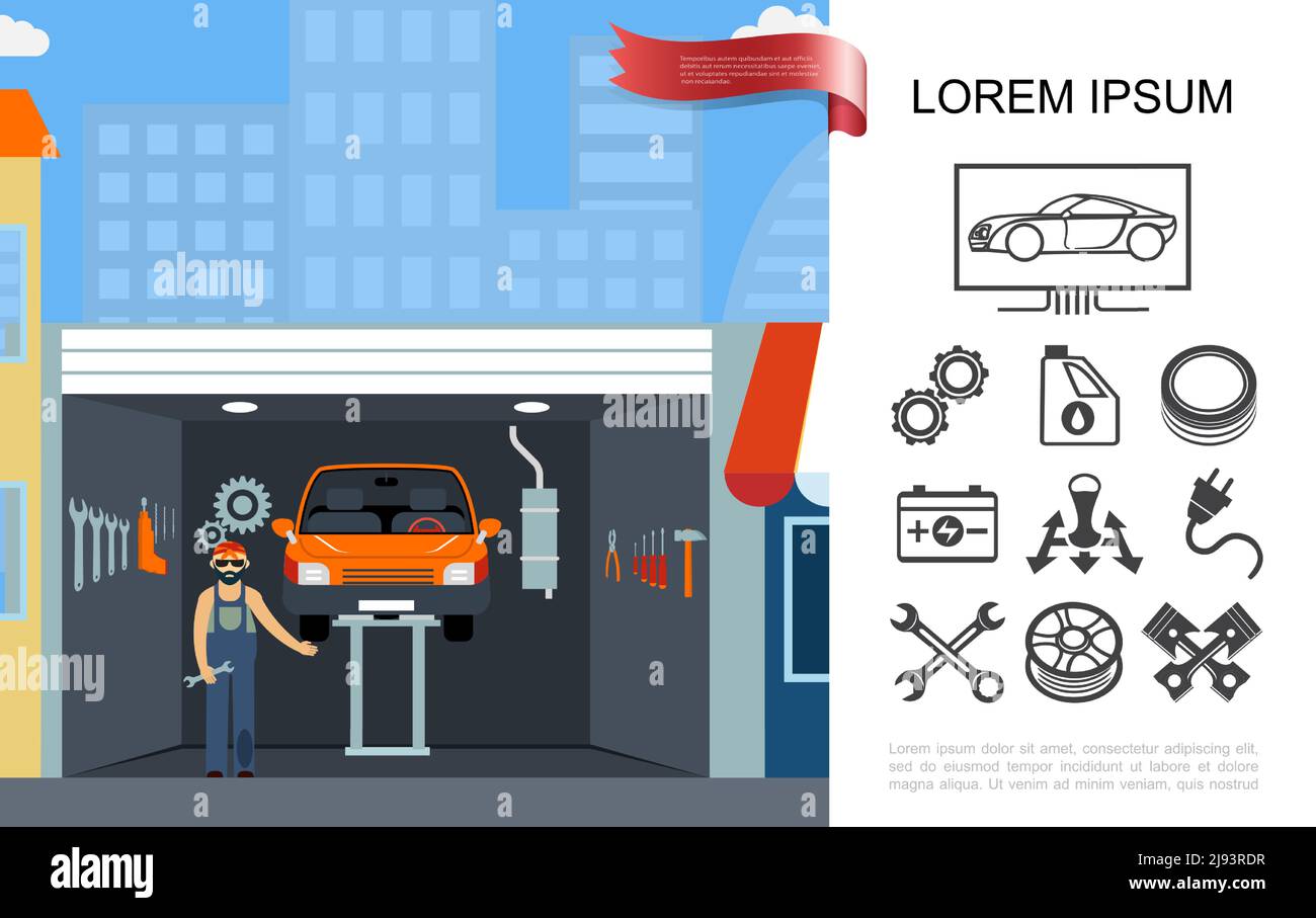 Flat auto maintenance shop concept with mechanic automobile on lift car ...