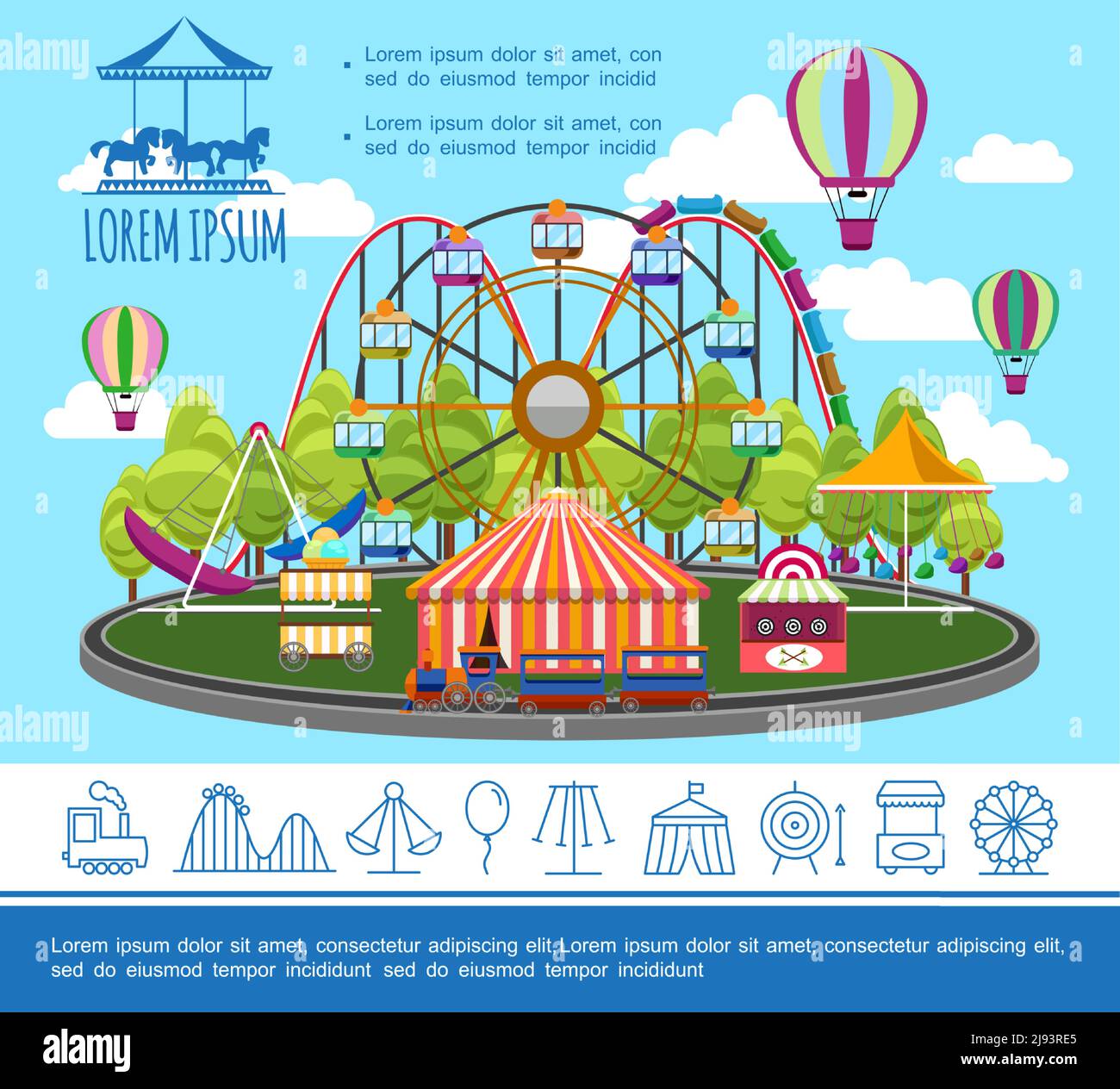 Flat amusement park concept with ferris wheel hot air balloons shooting ...