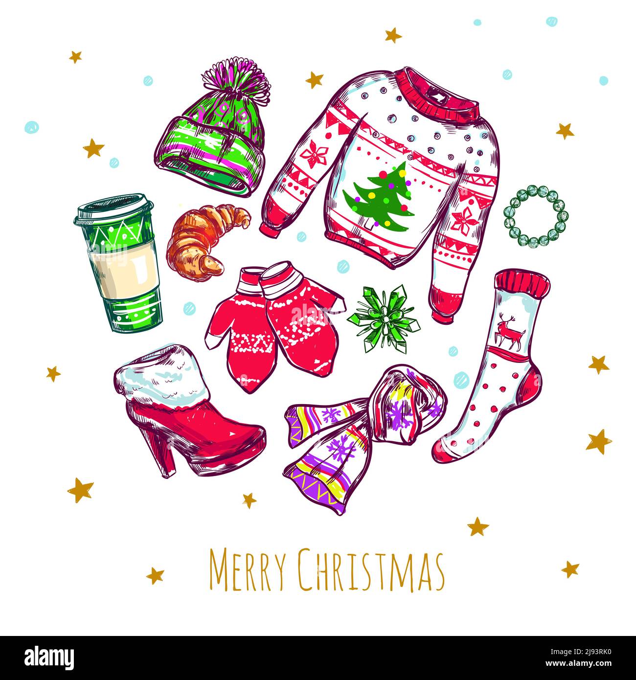 Christmas fashion clothes composition with drawn decorative icons of ...