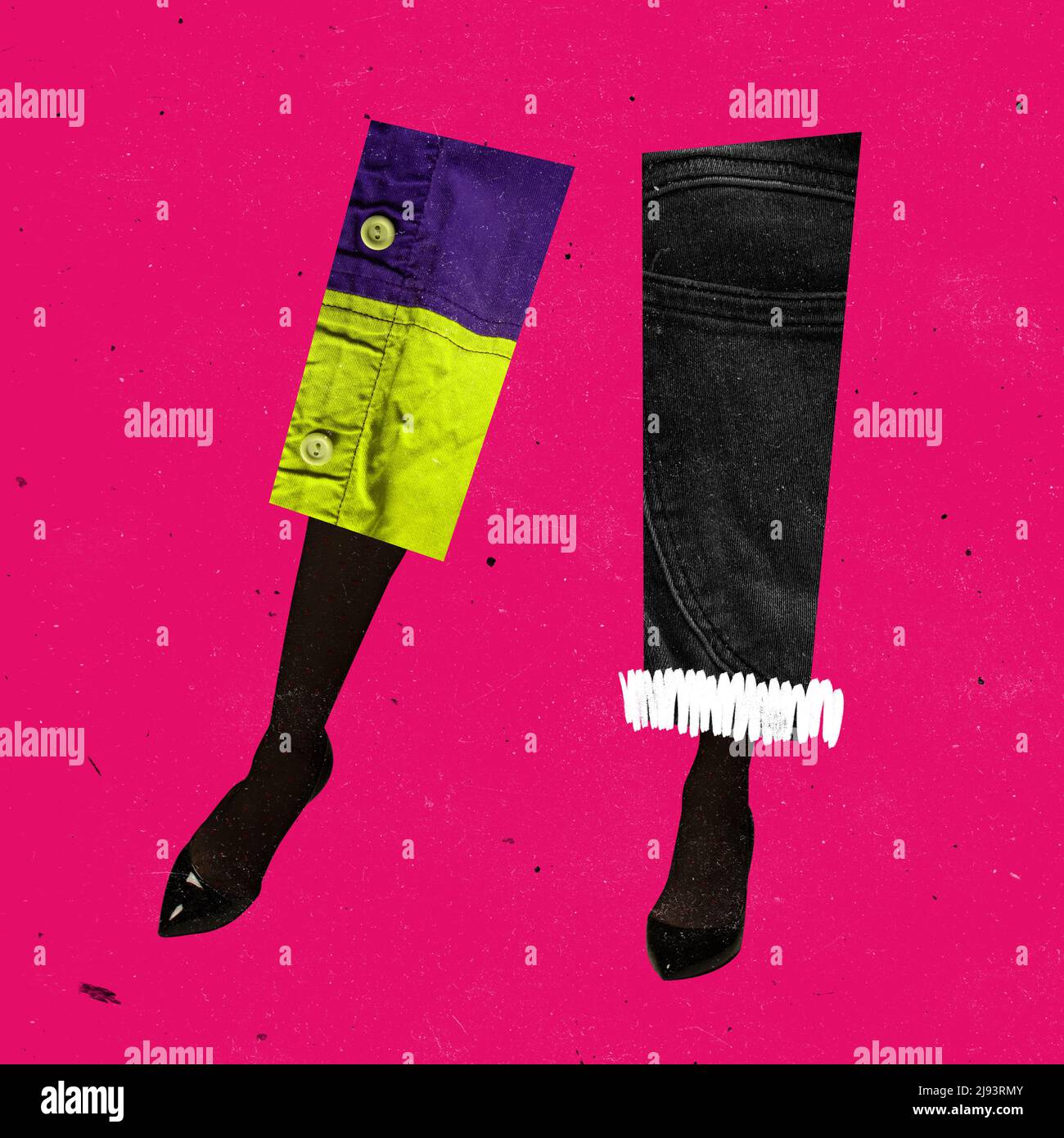 Contemporary art collage. Female legs wearing jeans made from different ...