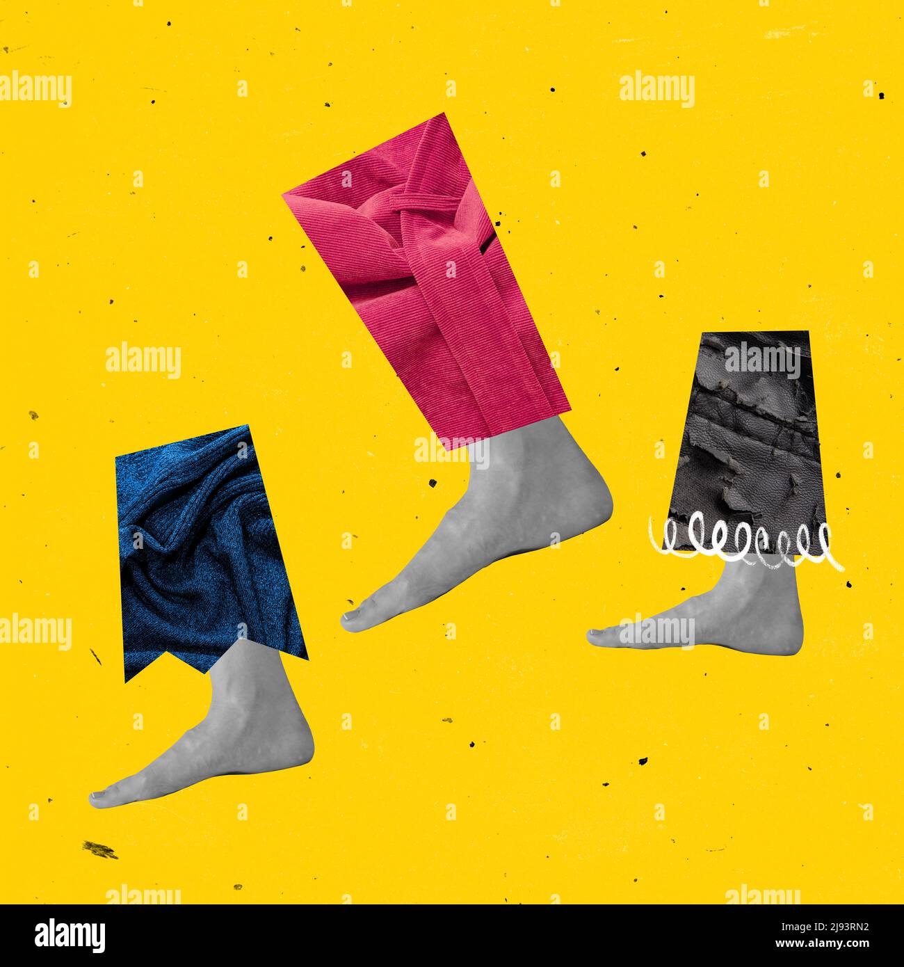 Contemporary art collage. Human legs wearing jeans made from different ...
