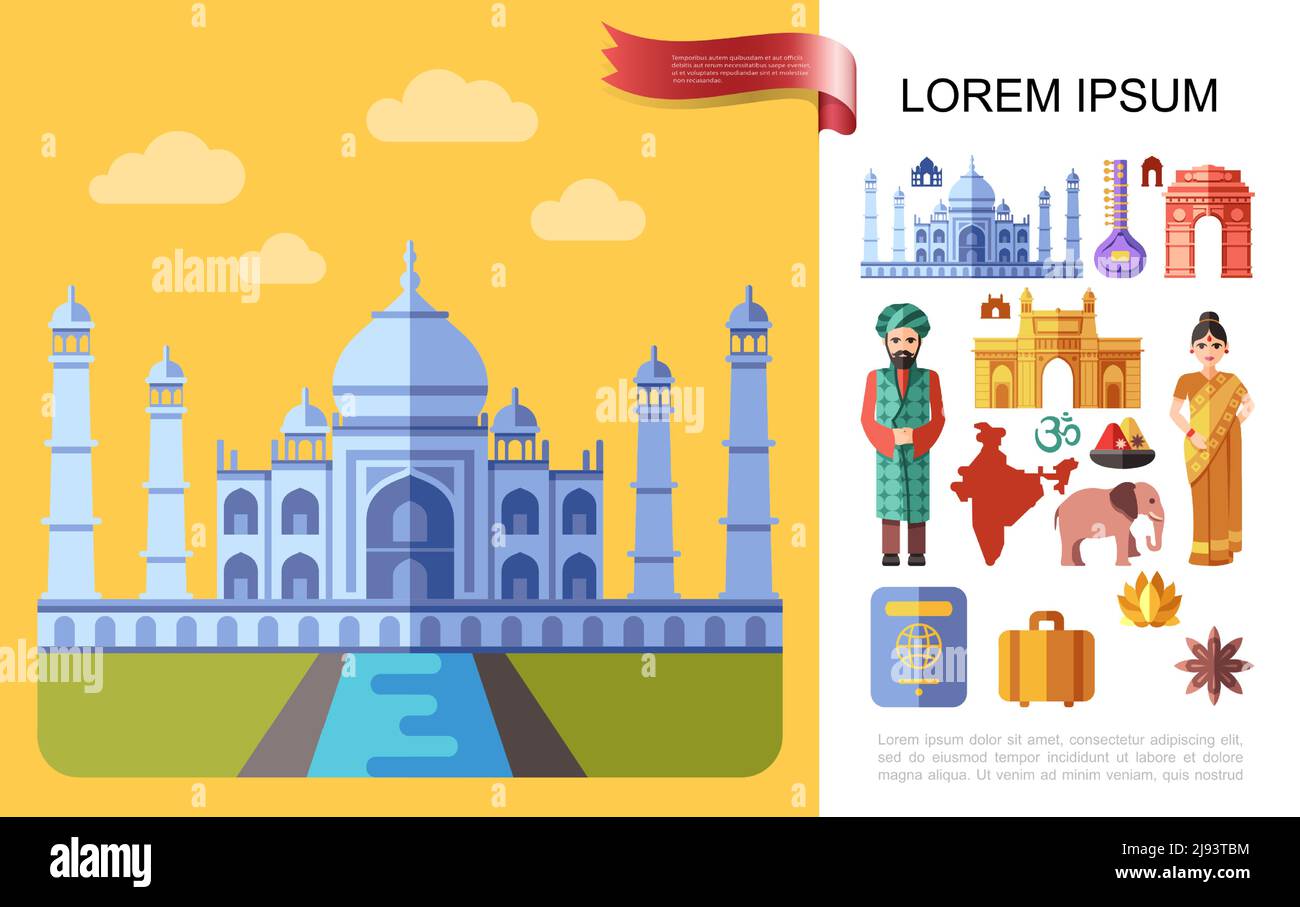Flat Travel To India concept with Taj Mahal indian people country ...