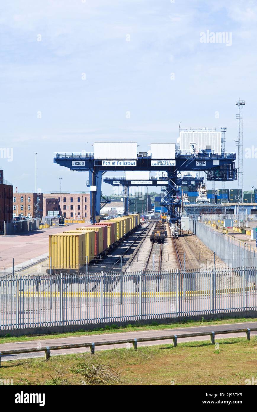 Dockside container yard and railhead at the Port of Felixstowe, Suffolk ...