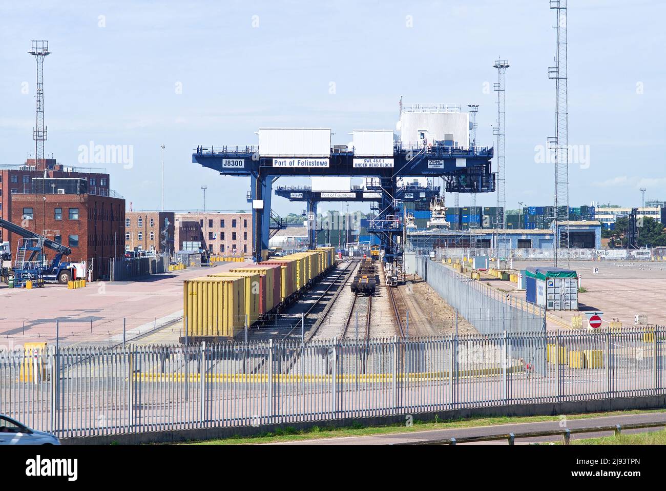 Dockside container yard and railhead at the Port of Felixstowe, Suffolk ...