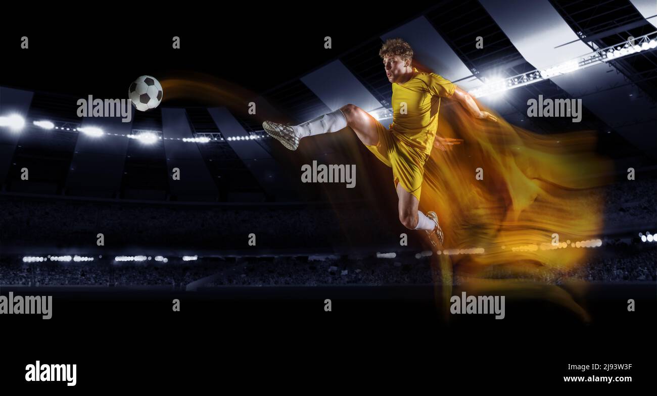 Collage with professional soccer, football player kick the ball in jump at dark night stadium ...