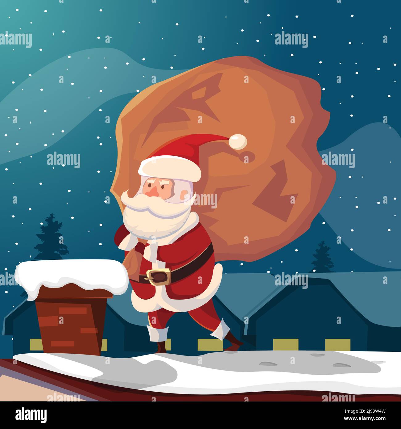 Flat background with Santa Claus cartoon character carrying big gifts ...