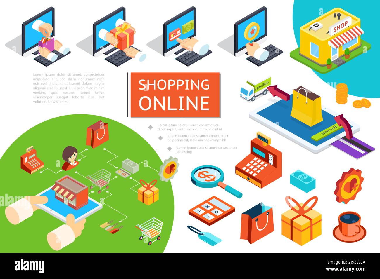 Isometric e-commerce composition with goods purchase in online store ...