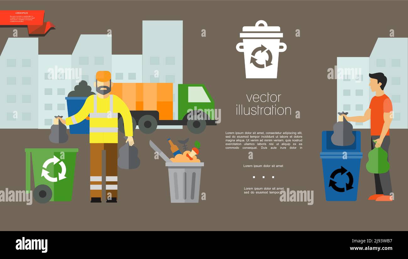 Flat garbage colorful template with street cleaner in uniform man ...
