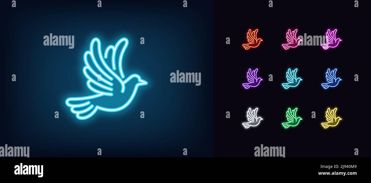 Outline neon dove icon. Glowing neon flying dove silhouette, pigeon ...