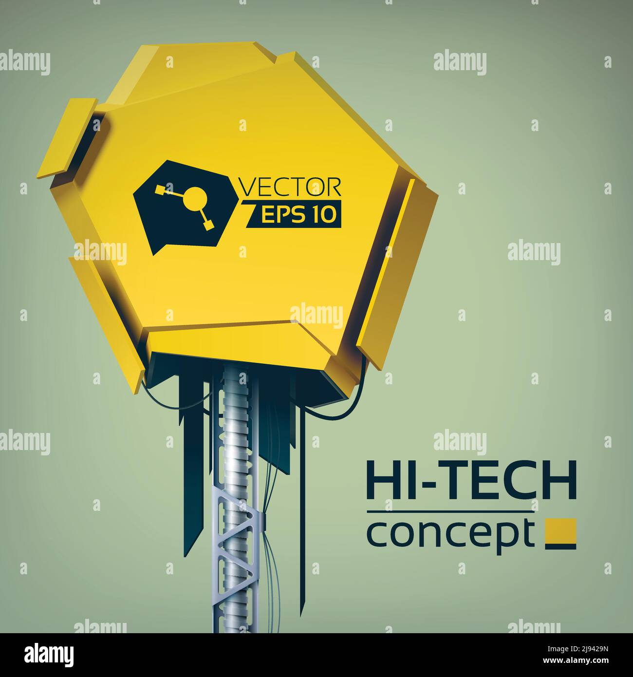 Hi-tech design concept with yellow 3d object on metal construction in ...