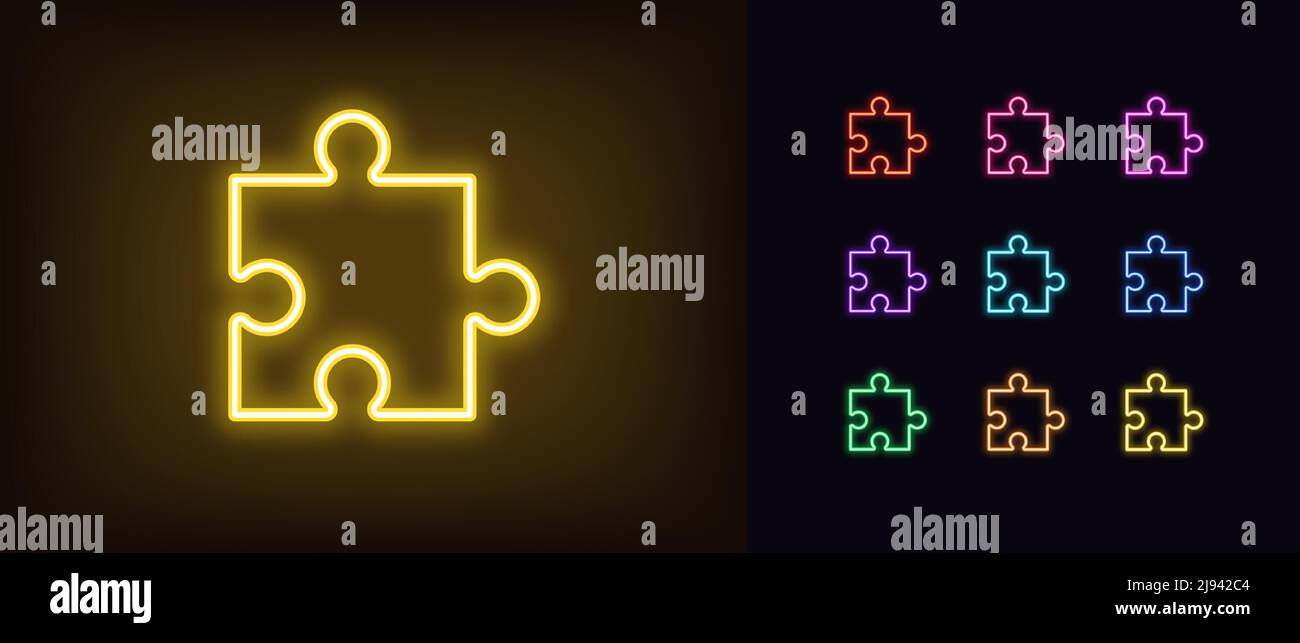 Outline neon puzzle part icon. Glowing neon jigsaw puzzle piece, app ... Outline neon puzzle part icon. Glowing neon jigsaw puzzle piece, app ...