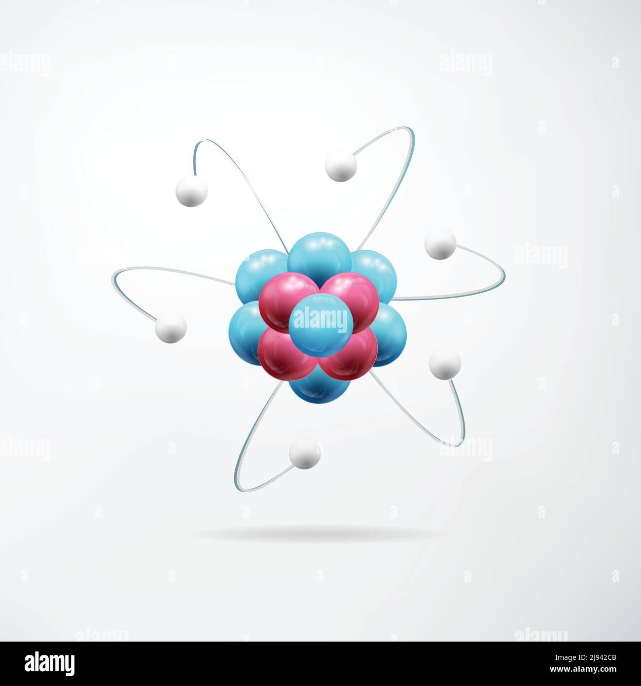 Scientific realistic abstract concept with colorful model of atom on light background isolated ...
