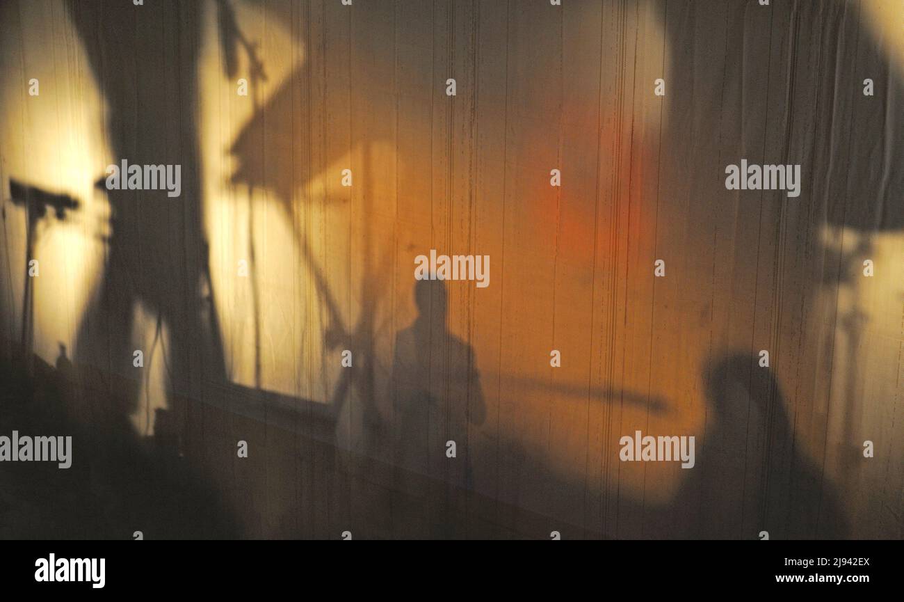 Shadows of people and musical instruments playing on a screen of a ...