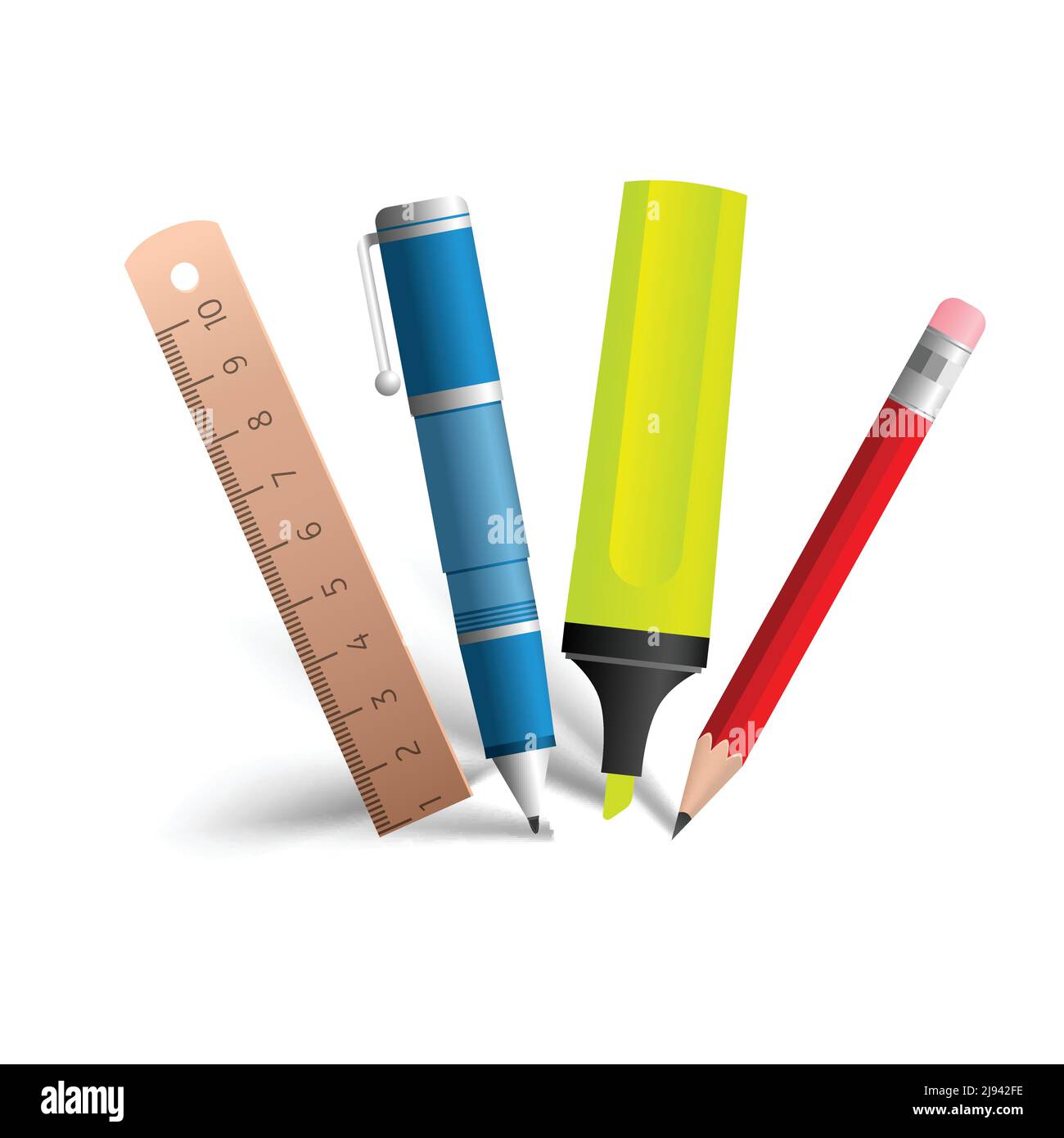 Paint and writing tools collection consisting of blue pen, red pencil ...