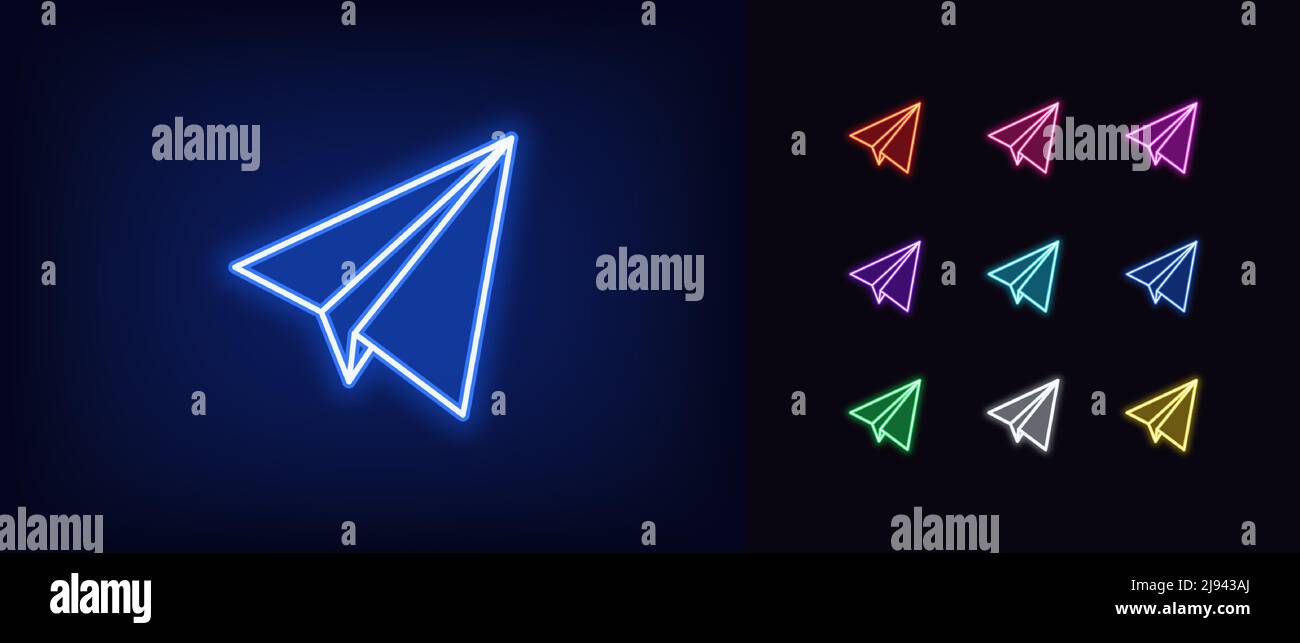 Outline neon paper plane icon. Glowing neon airplane silhouette ...