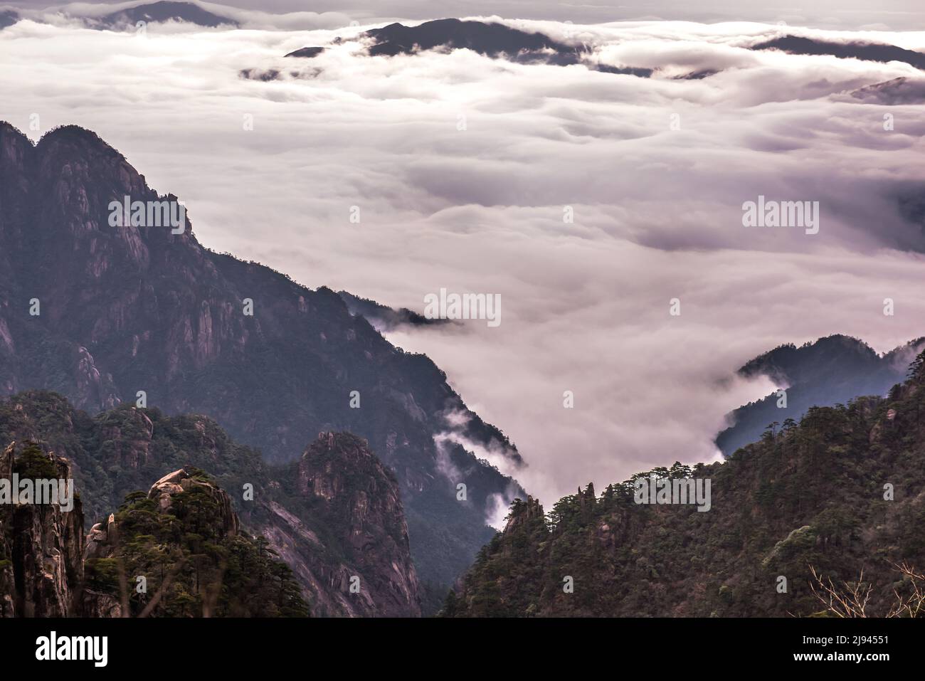 Wonderful and curious sea of clouds at beautiful Huangshan mountain landscape in China Stock ...