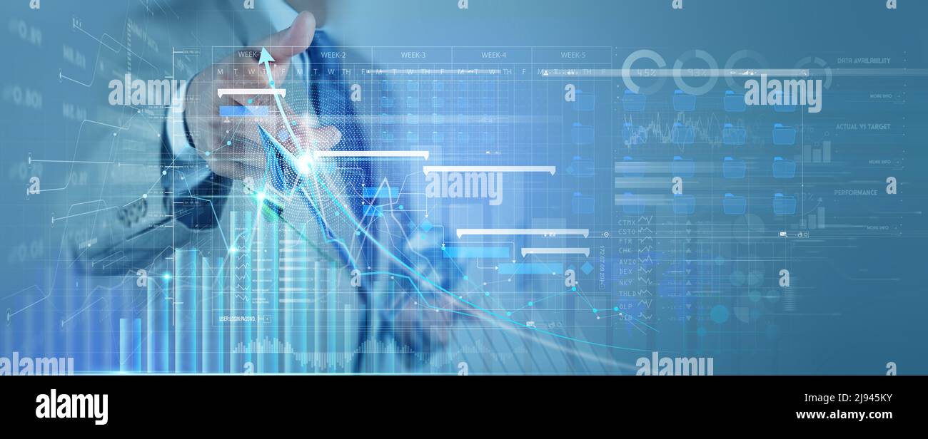 Businessman pointing 3d graph growth and financial network connection ...