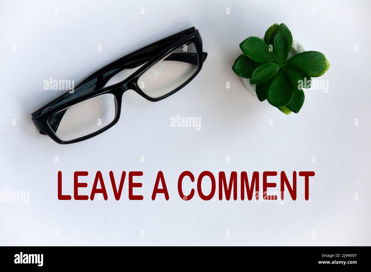 Leave a comment text on light white cover with potted plant and glasses ...