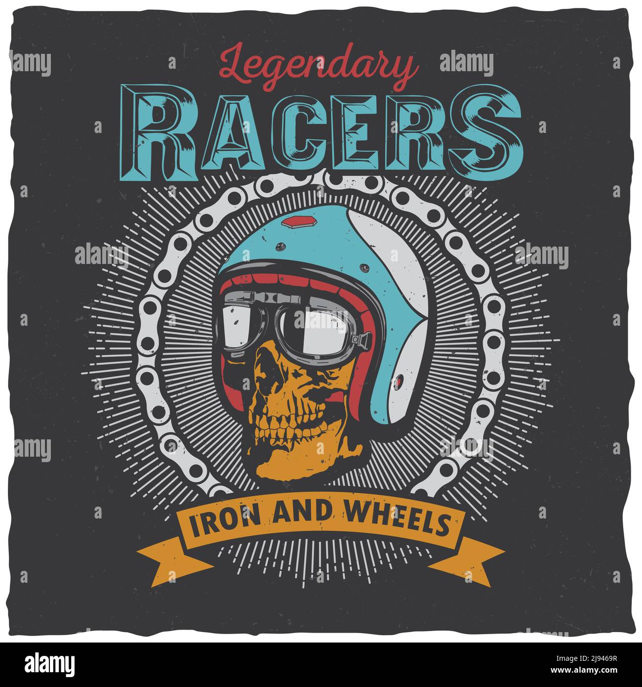 Legendary racers poster with words iron and wheels for design vector ...
