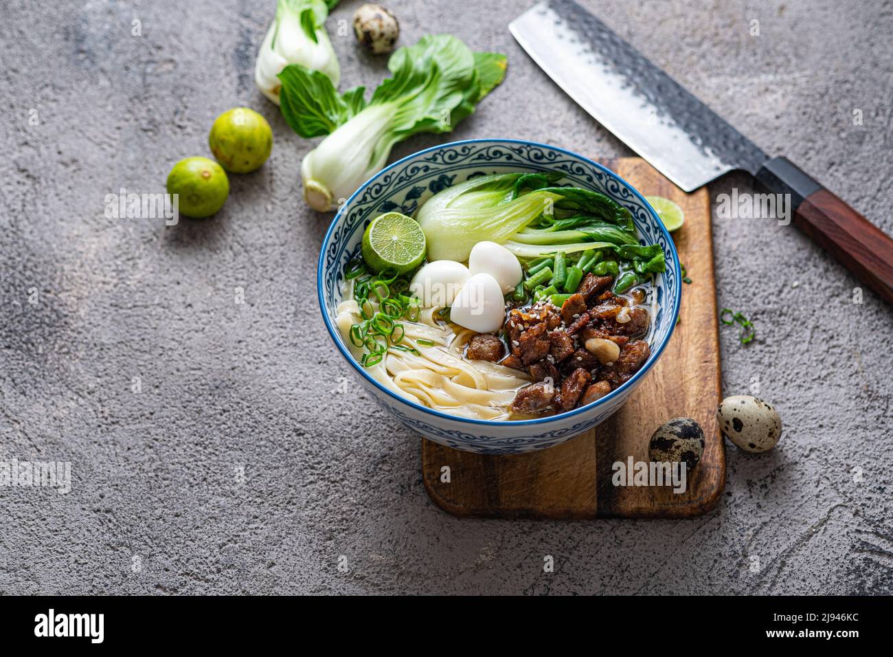Japanese ramen soup with chicken, egg, chives and bok choy on concrete ...