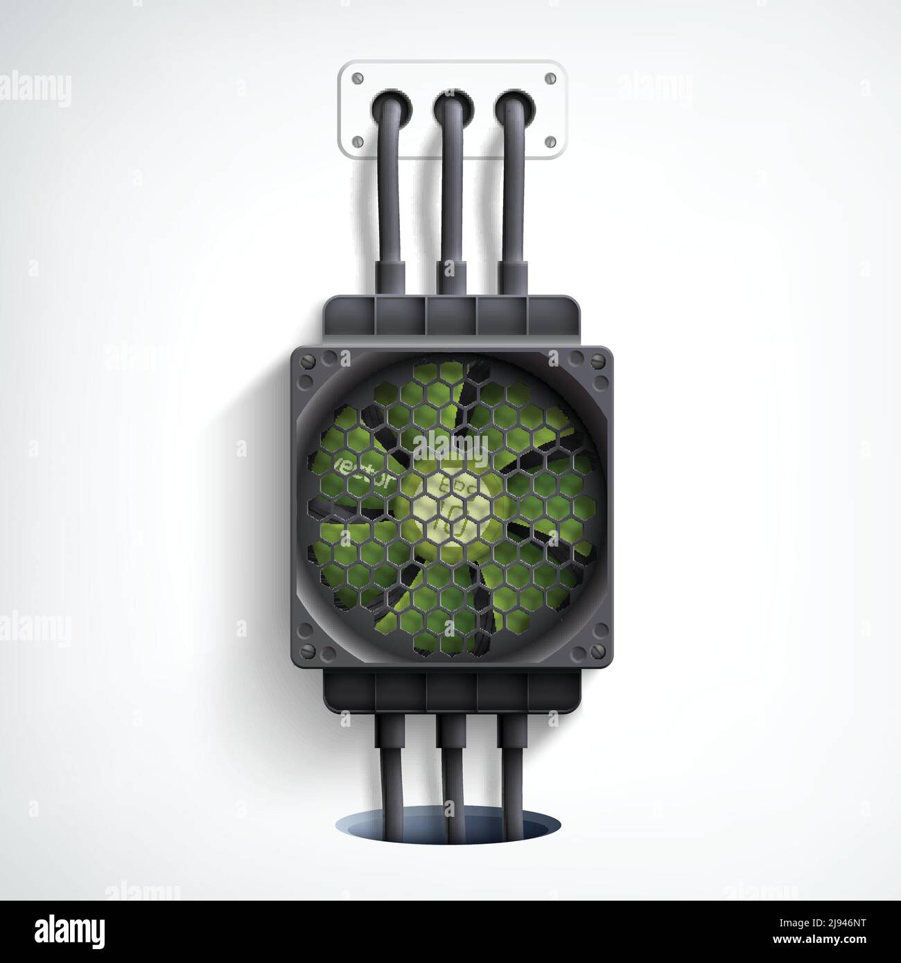 Realistic vertical design concept with computer cooler and green fan on ...