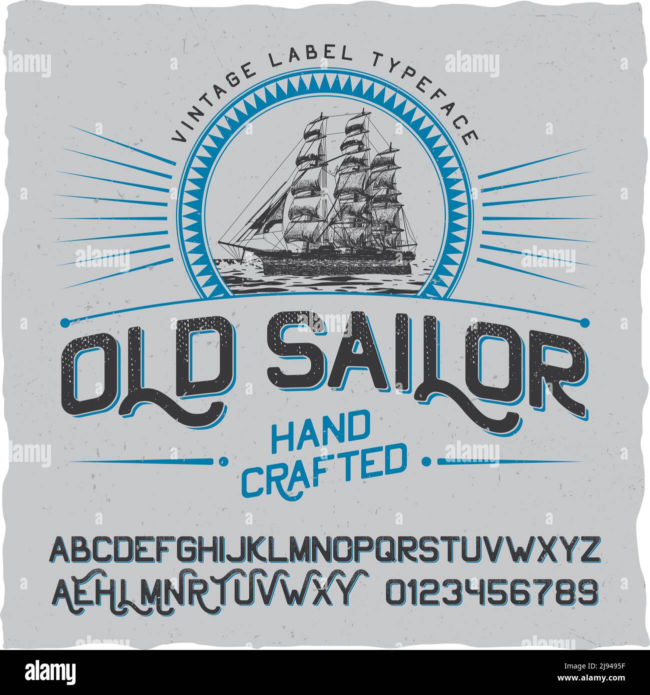 Old sailor vintage label poster with vessel in the circle and alphabet ...