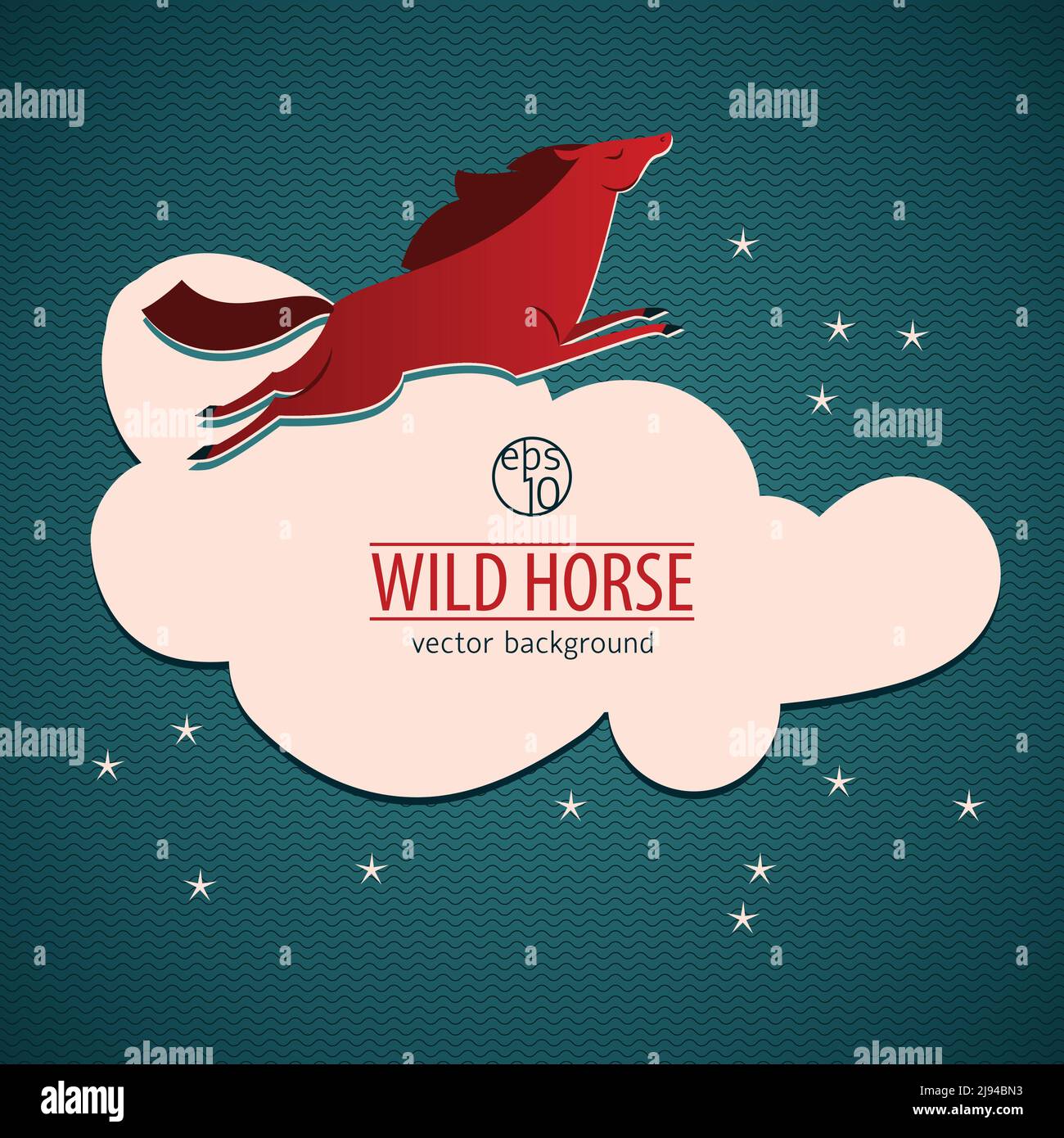 Red wild horse emblem or sticker with big white cloud and red horse ...