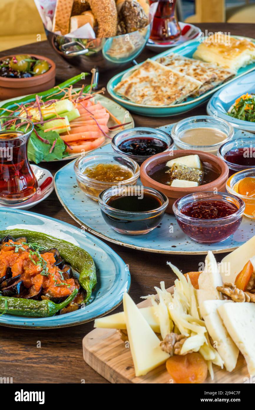 Traditional Turkish Breakfast served with traditional turkish tea on ...