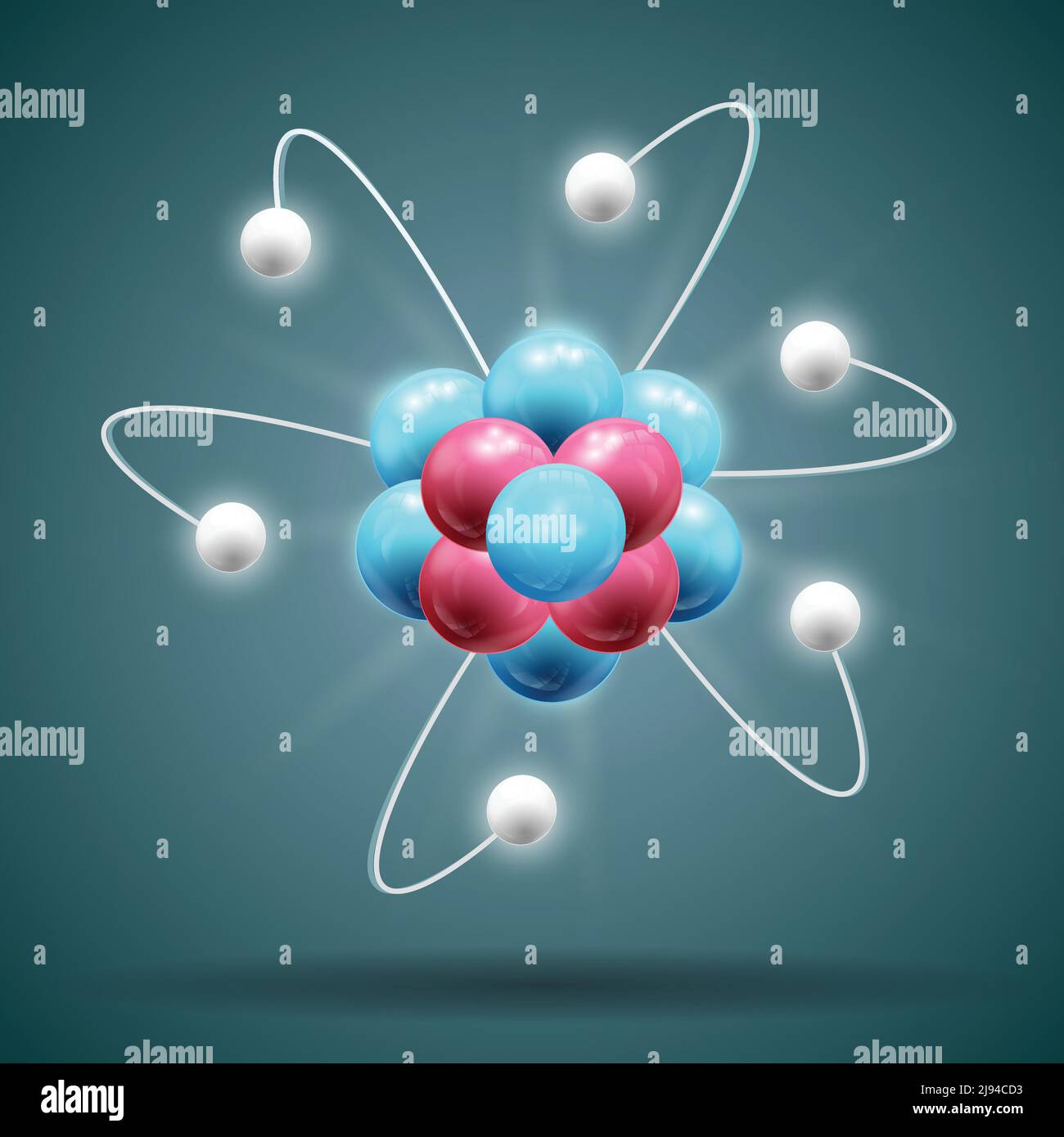 Science atom chain in white blue and red colors on dark green ...