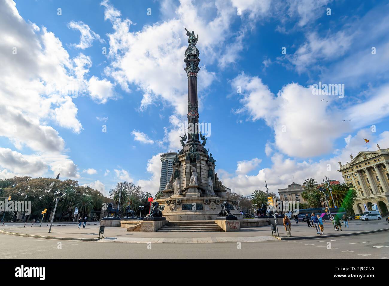 Barcelona, Spain. The Columbus monument or The Colon (Mirador de Colom ...
